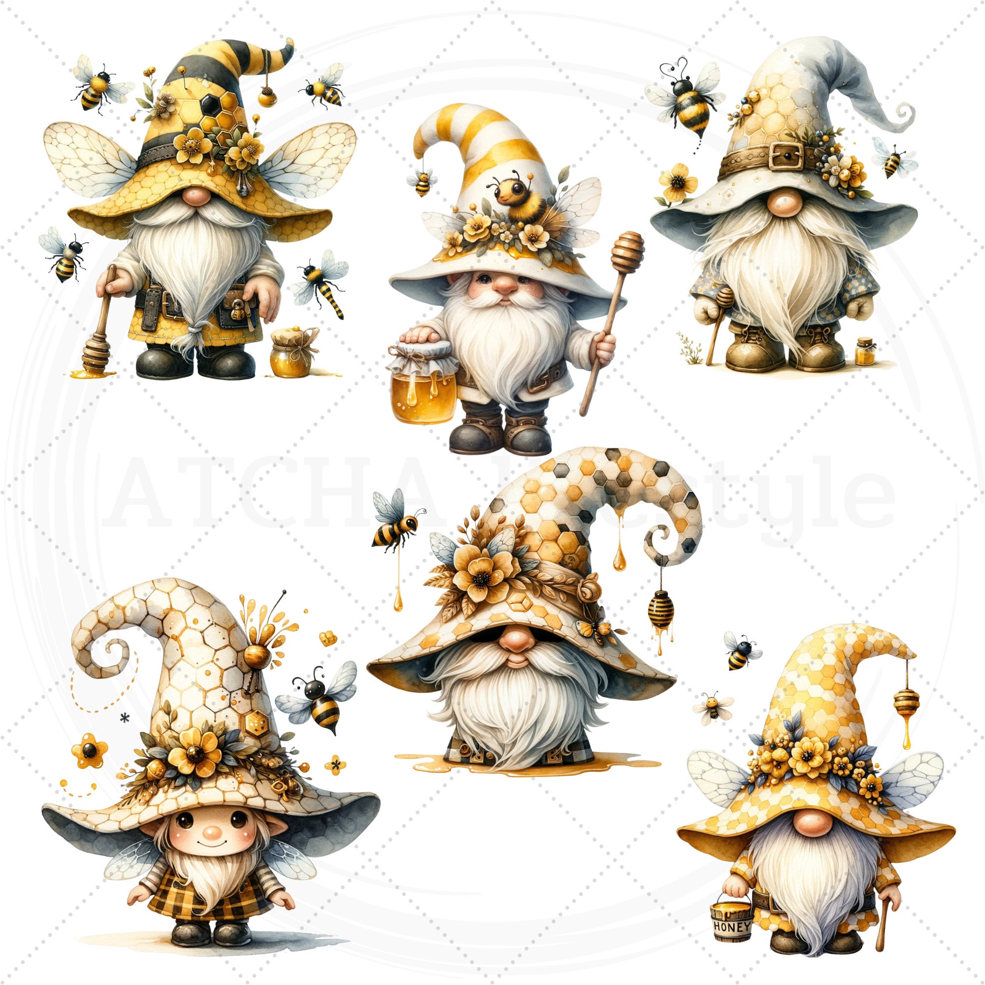 Honey Bee Gnomes Watercolor Clipart PNG, Watercolor Honey Bee Gnomes ...