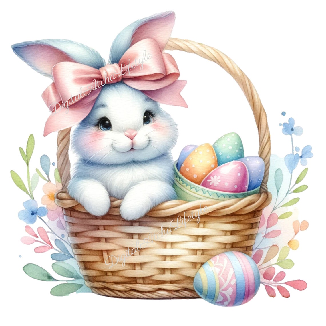 Watercolor Cute Easter Bunny Clipart, Easter Egg, Easter Basket, Easter ...