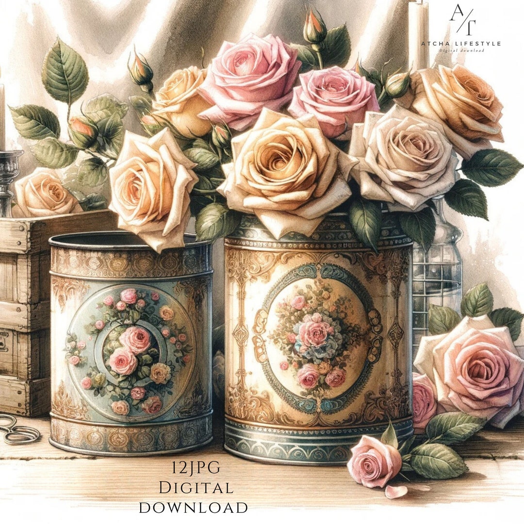 Shabby Chic Cans and Roses Clipart Bundle, 12jpgs, Watercolor Jpgs ...