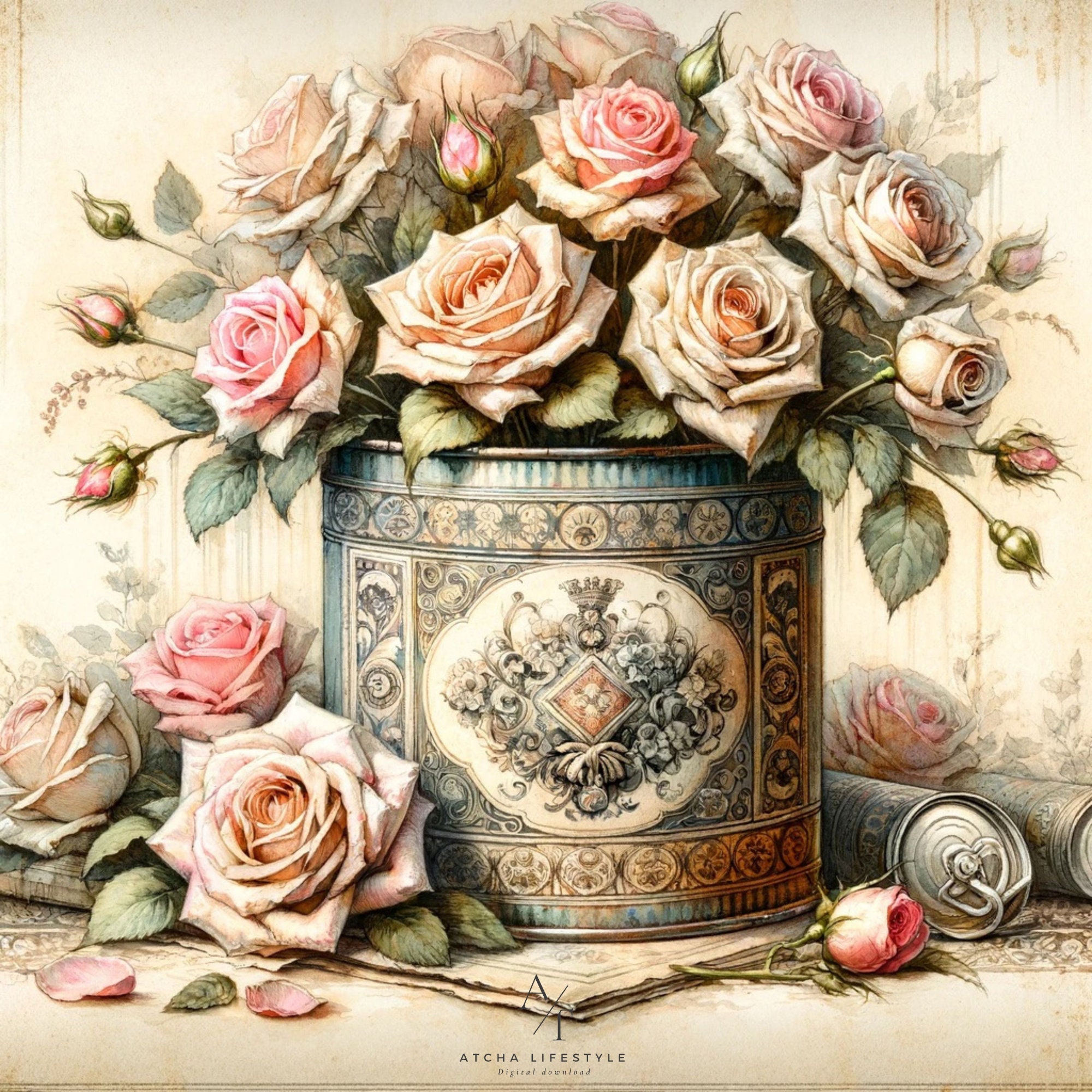 Shabby Chic Cans and Roses Clipart Bundle, 12jpgs, Watercolor Jpgs ...
