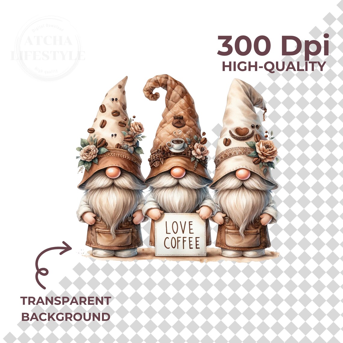 Coffee Gnome Watercolor Clipart Bundle , Coffee Gnome PNG, Coffee Beans ...