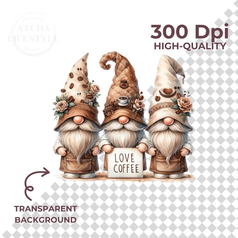 Coffee Gnome Watercolor Clipart Bundle , Coffee Gnome PNG, Coffee Beans ...