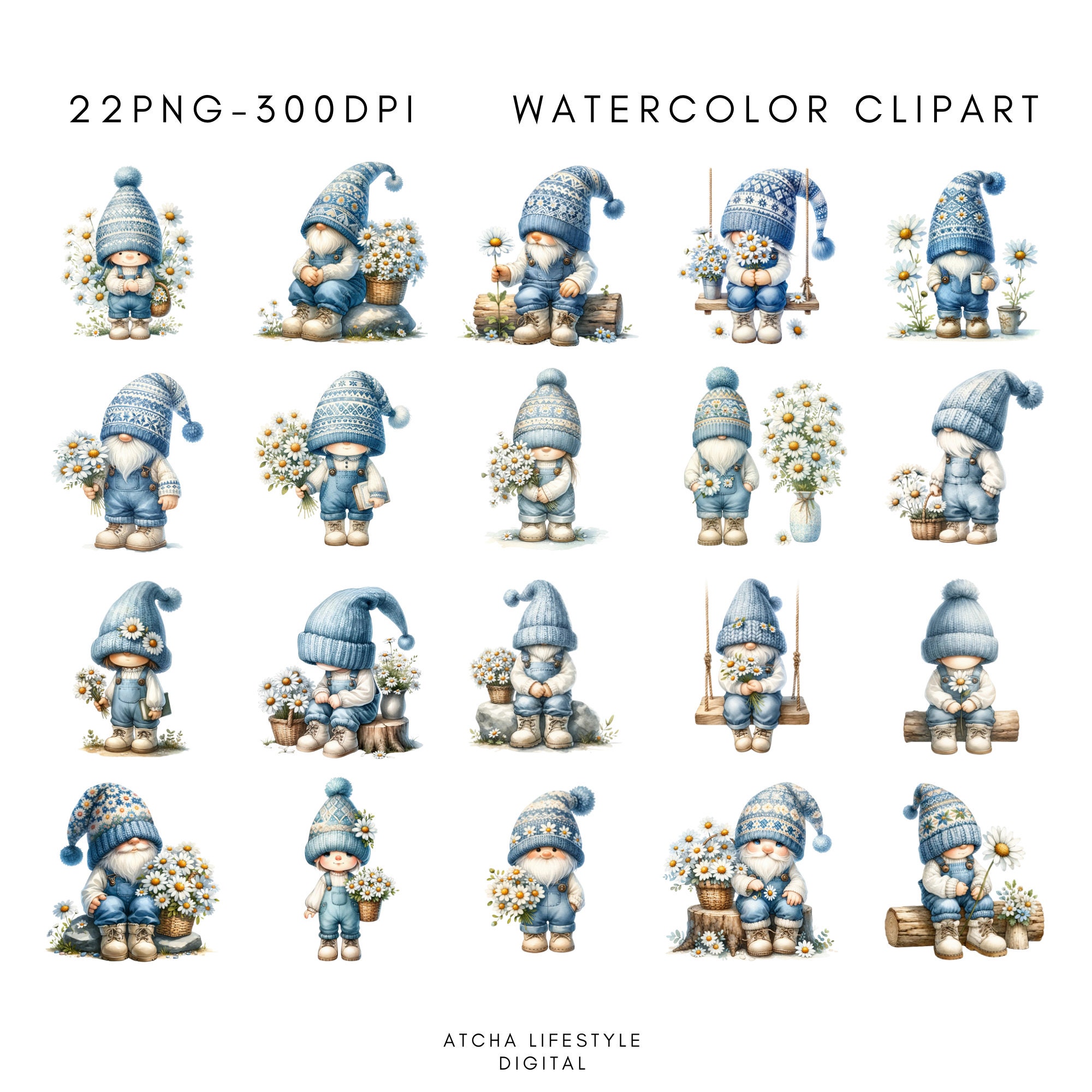 Daisy Gnomes Watercolor Clipart, Watercolor Daisy Gnomes, Gnome Clipart ...