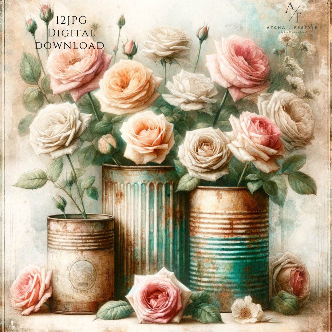 Shabby Chic Cans and Roses Clipart Bundle, 12jpgs, Watercolor Jpgs ...