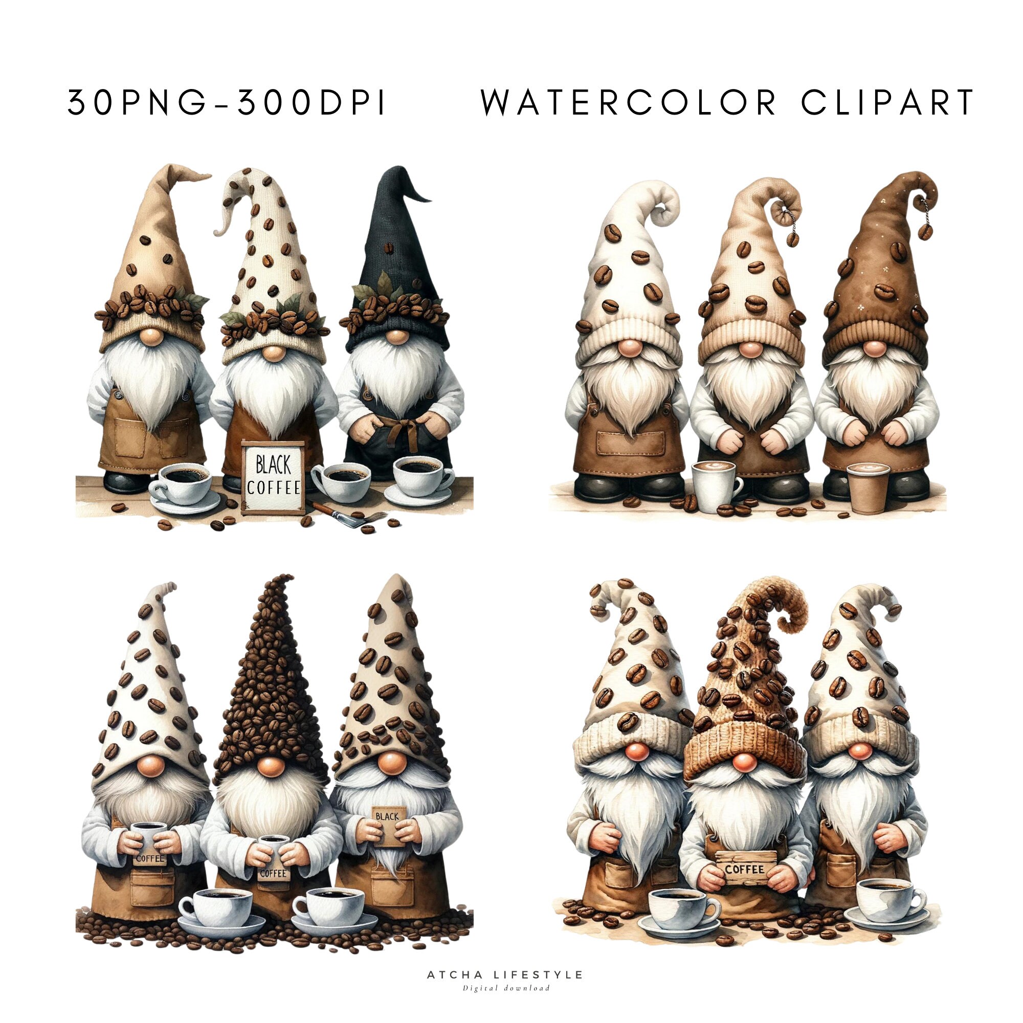 Coffee Gnome Watercolor Clipart Bundle, Coffee Gnome PNG, Coffee Beans ...