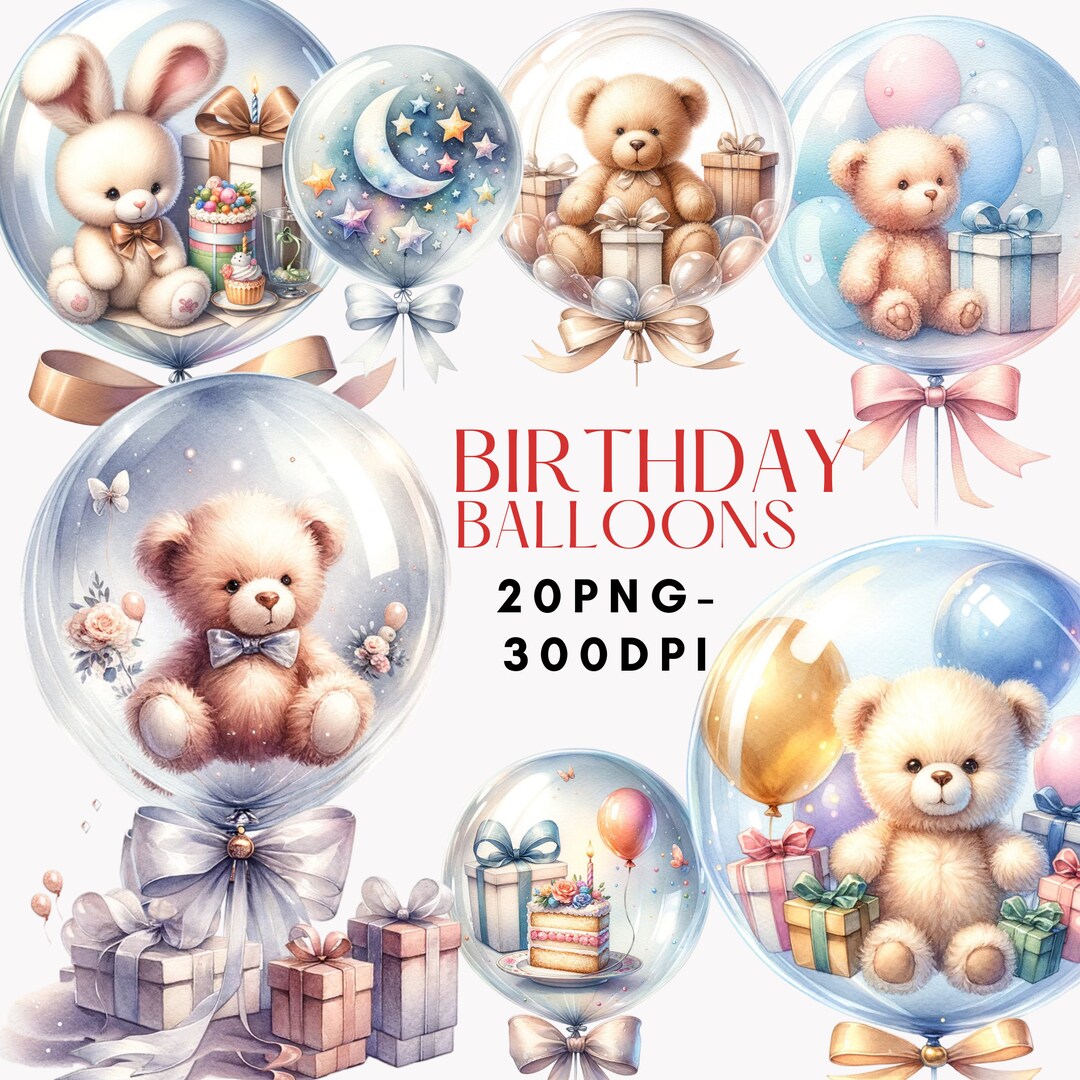 Watercolor Birthday Balloons Clipart Bundle, 20 High Quality PNG Files ...