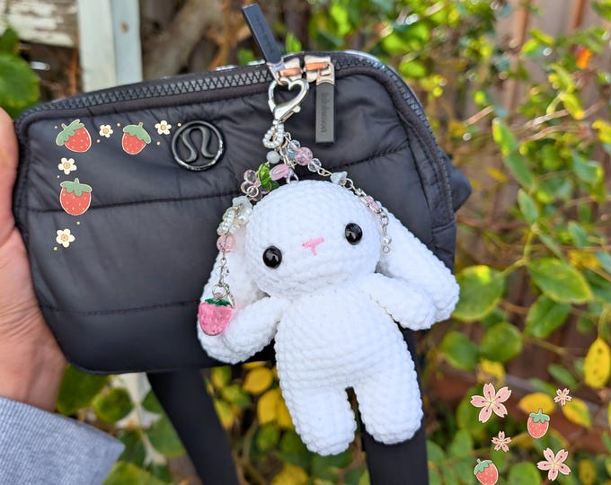 Bunny Crochet Plush Keychain With Strawberry Charm | Handmade Plush Bag ...