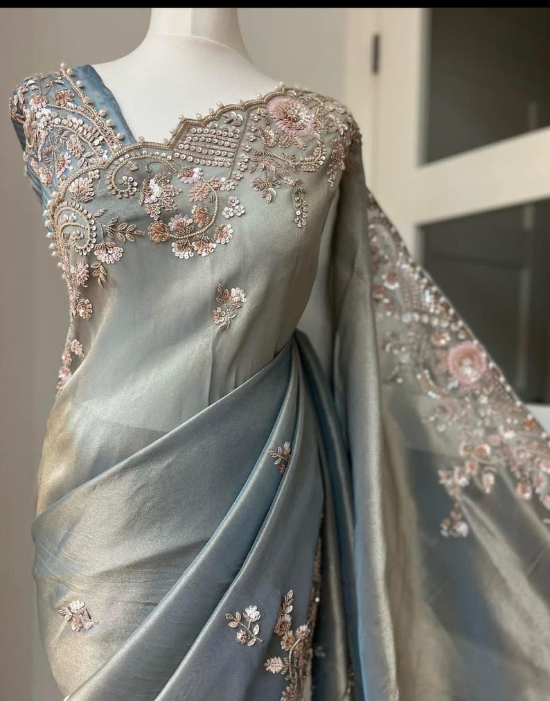 Zardosi Sequin Organza Saree: Indian Pakistani Wedding Party Wear - Etsy