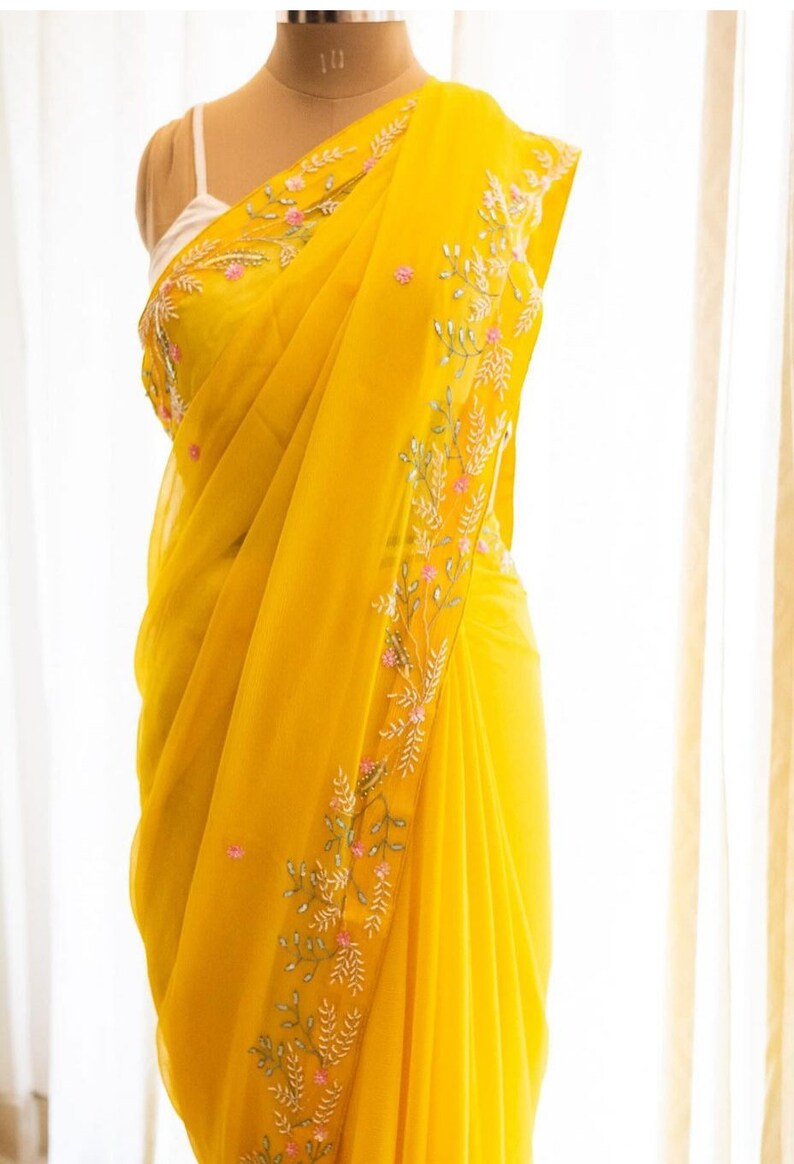 Pure Chiffon Silk Floral Hand Embroidery Yellow Party Handwork Saree ...