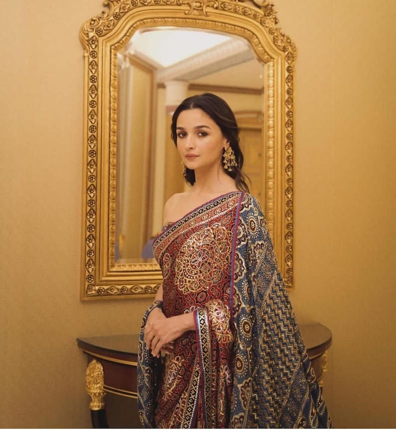 Ajrakh Handblock Modal Silk Saree: Hand Embroidered Gota Patti Mirror ...