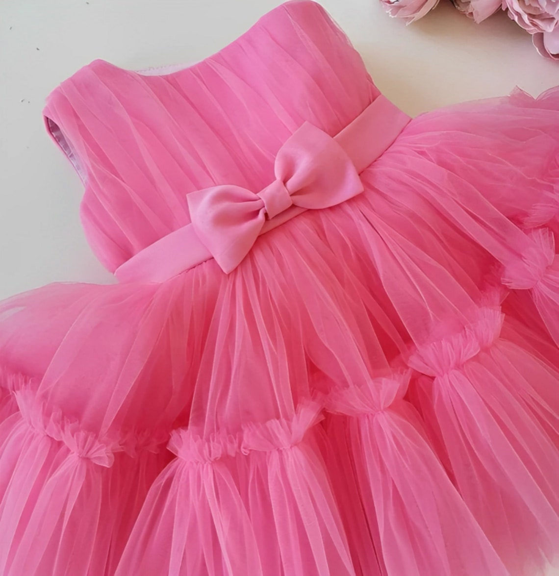 Pink Net Frock Baby Frock Puff Sleeve One Shoulder Layered Fluffy ...