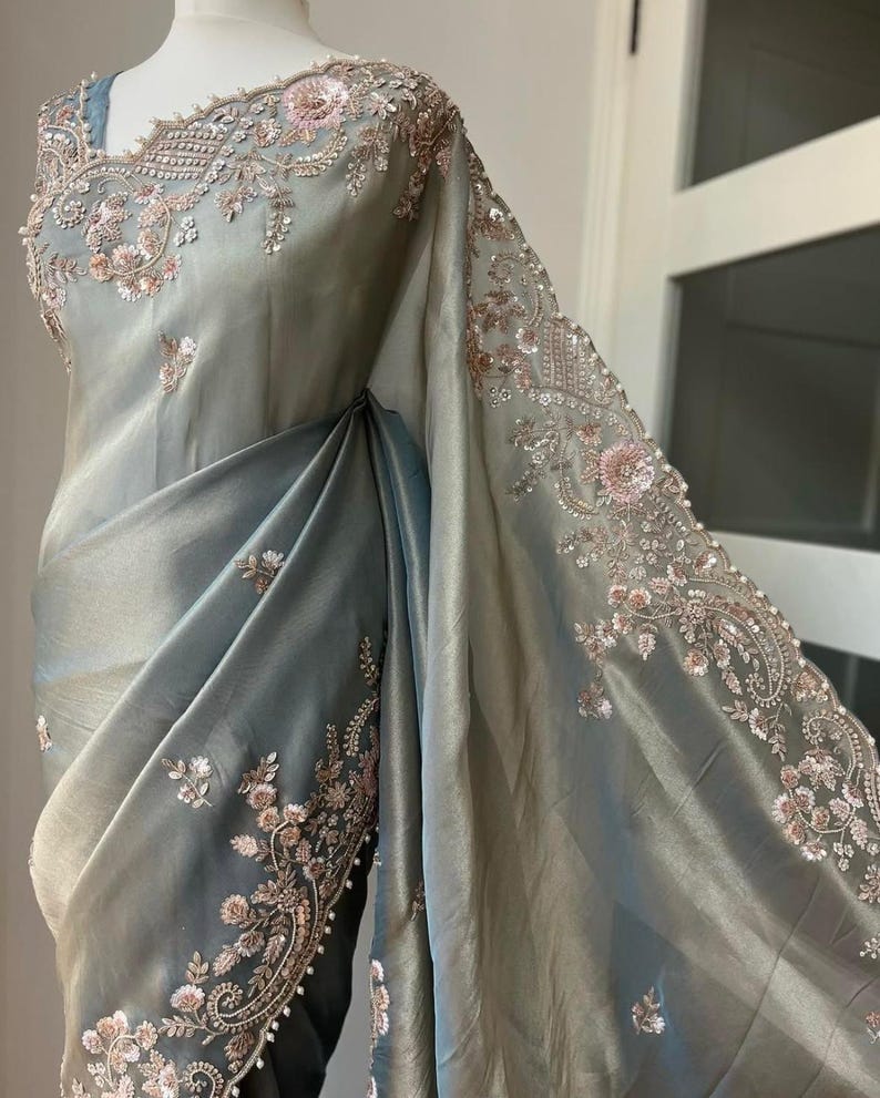 Zardosi Sequin Organza Saree: Indian Pakistani Wedding Party Wear - Etsy UK
