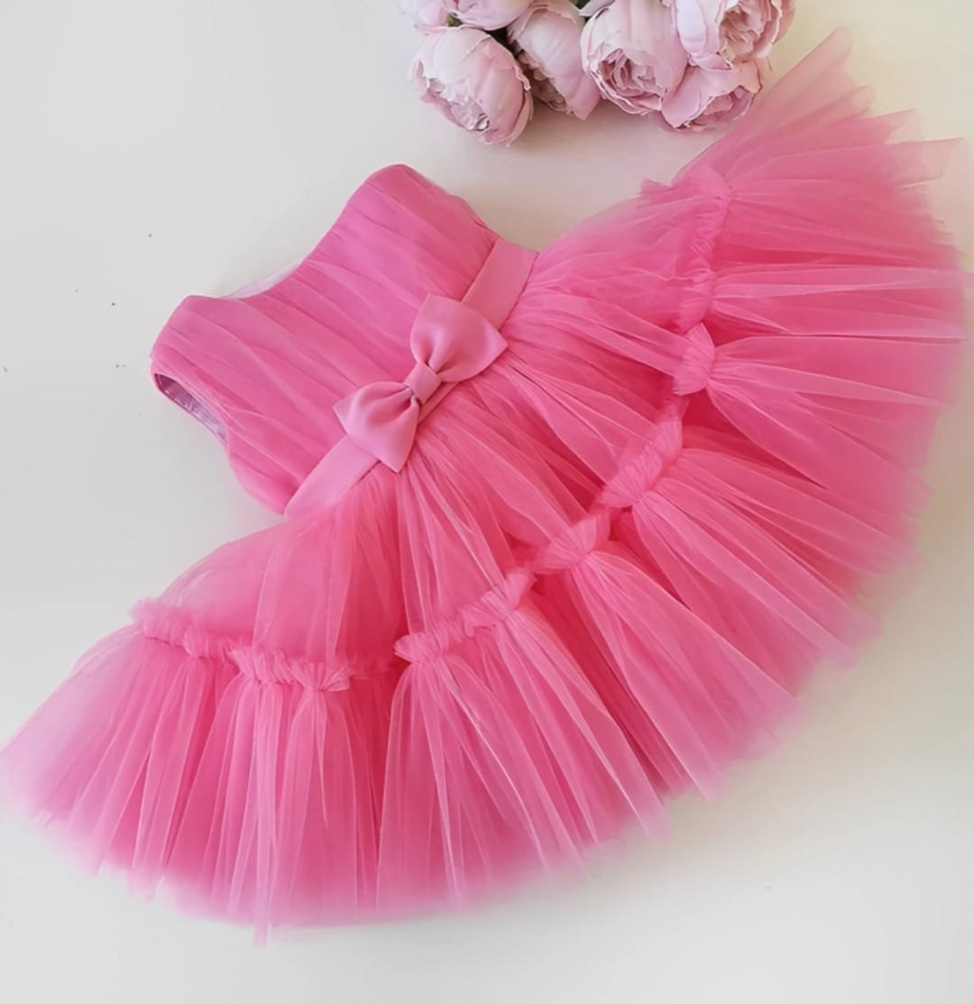 Pink Net Frock Baby Frock Puff Sleeve One Shoulder Layered Fluffy ...