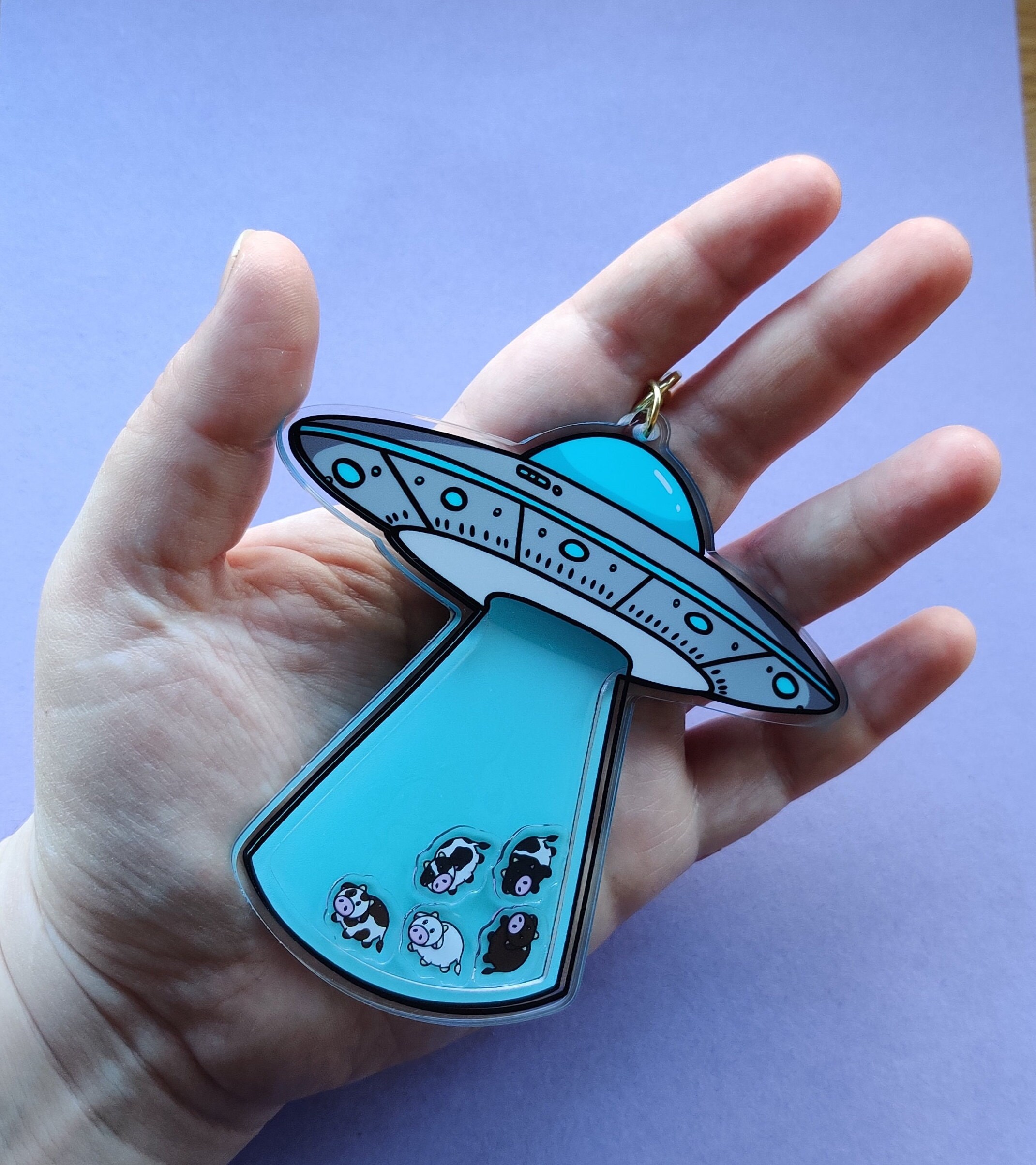 UFO Cow Abduction Acrylic Shaker Keychain Aliens - Etsy