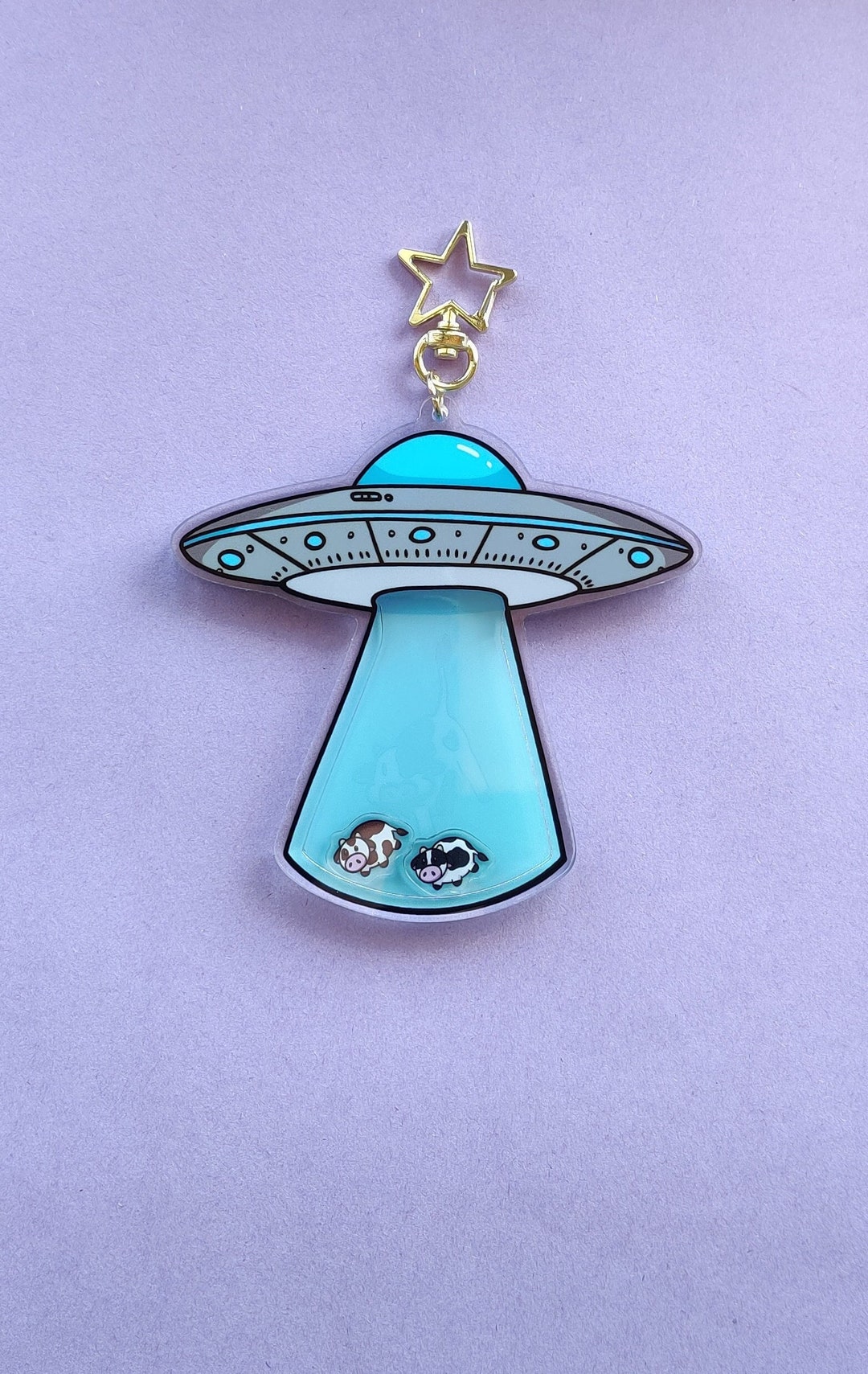 UFO Cow Abduction Acrylic Shaker Keychain Aliens - Etsy
