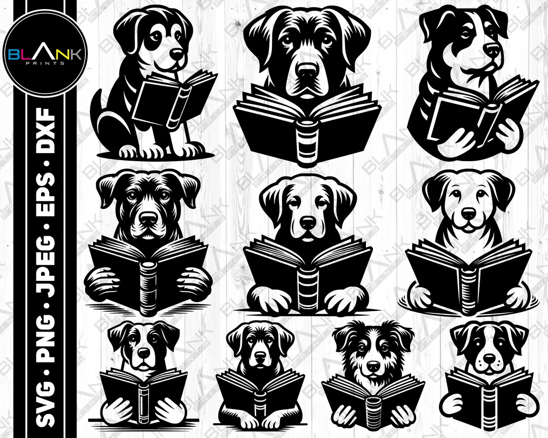 Dog Reading Books Bundle Svg Png Jpeg Eps Dxf Bundle Silhouette Cricut ...
