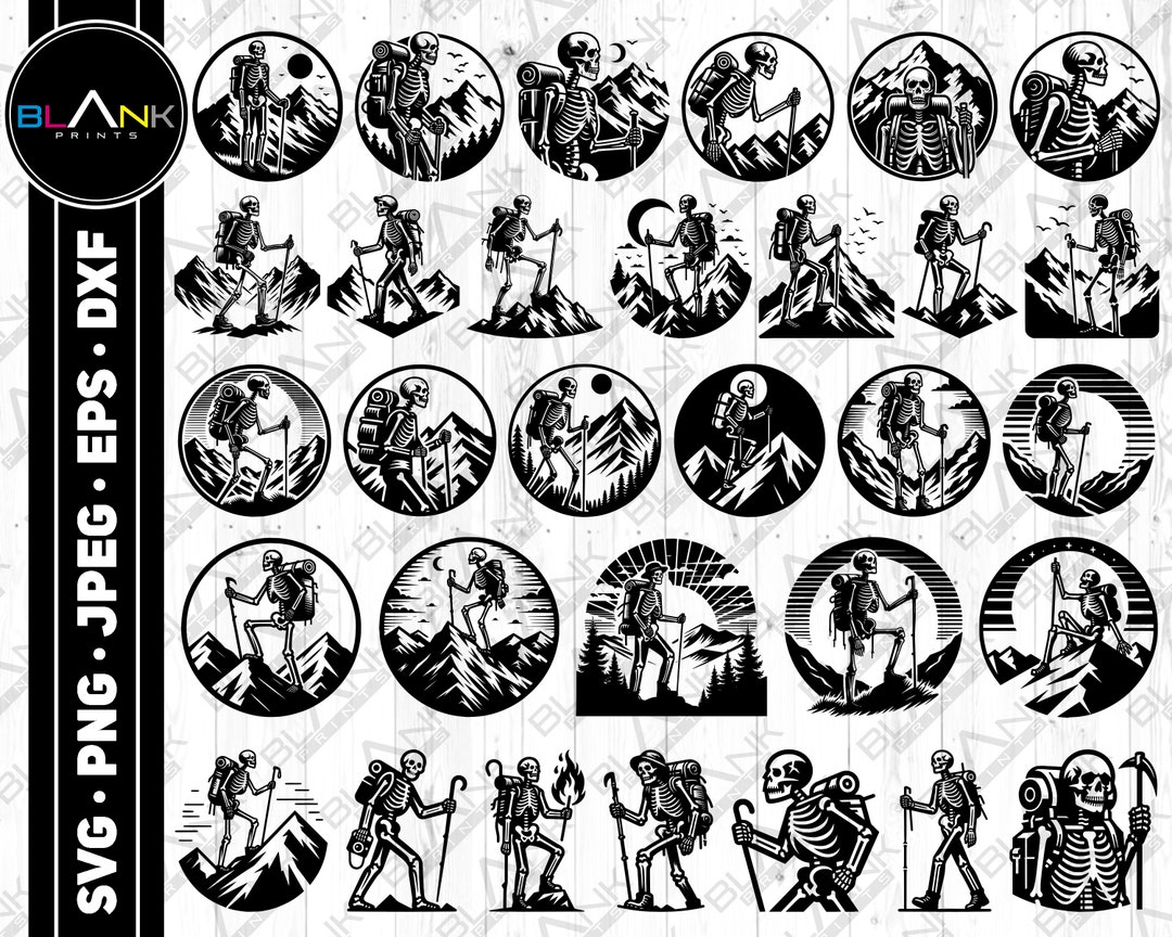 Hiker Skeleton SVG Bundle: Mountain Adventure Silhouette (digital ...