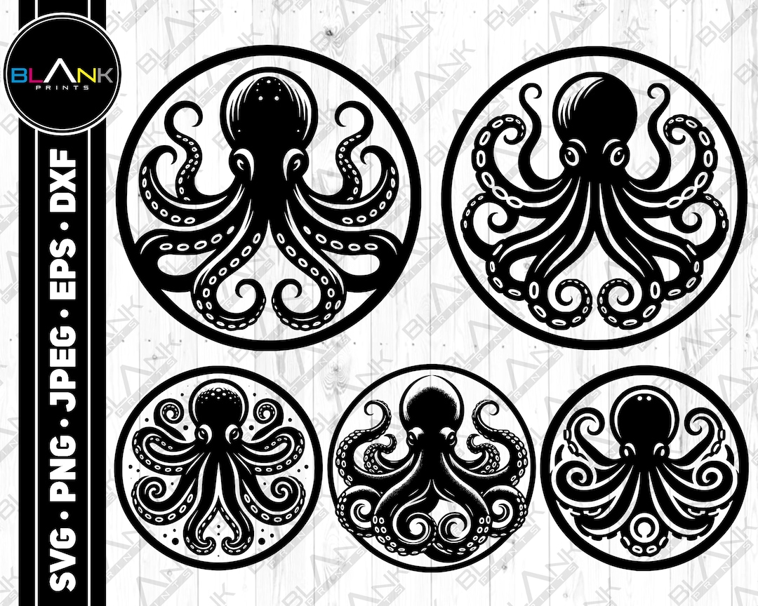 Octopus Bundle Svg Png Jpeg Eps Dxf Engrave Silhouette Clipart Cricut ...