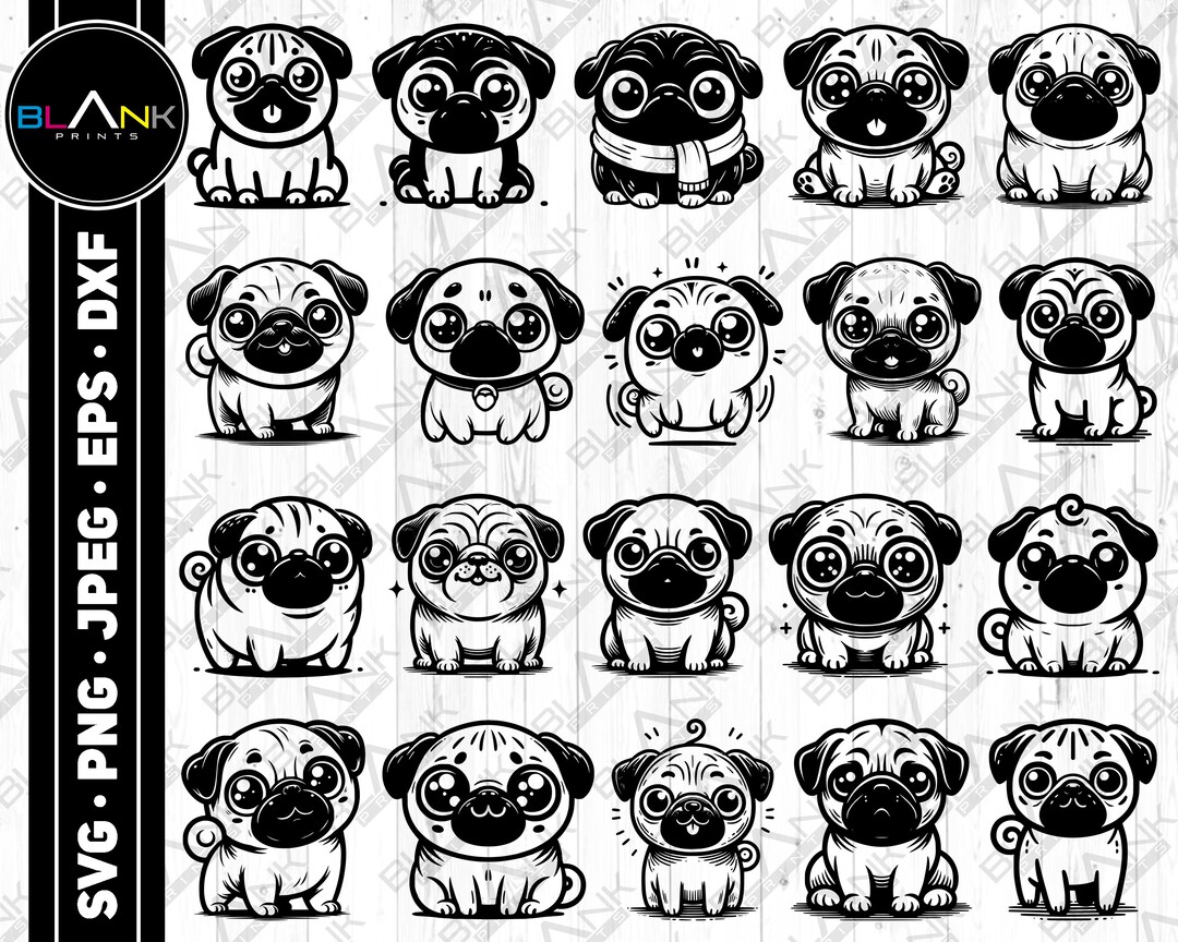 Cute Pug Bundle Svg Png Jpeg Eps Dxf Bundle Silhouette Clipart Cricut ...