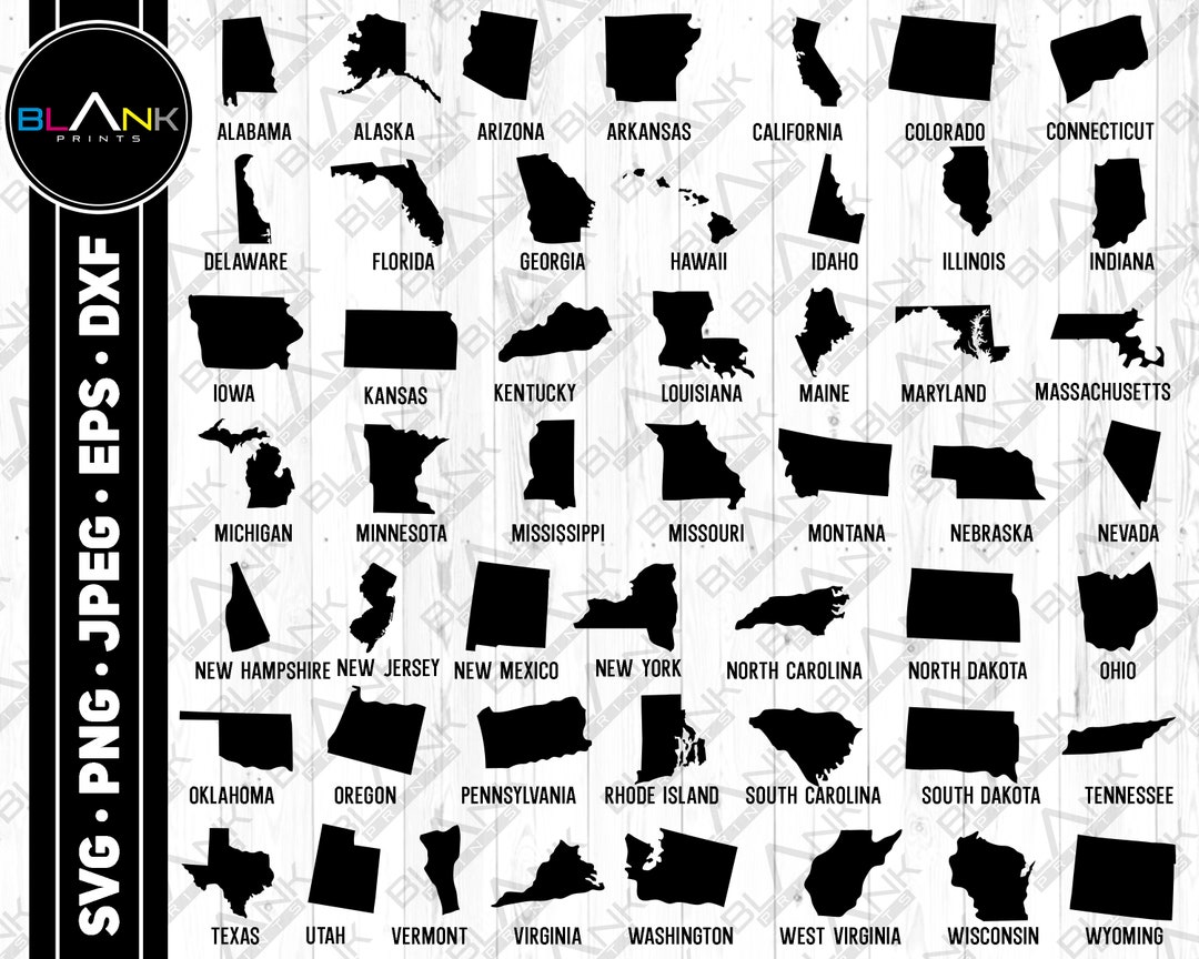 USA States Map Silhouette Svg Png Jpeg Eps Dxf Bundle Silhouette Cricut ...