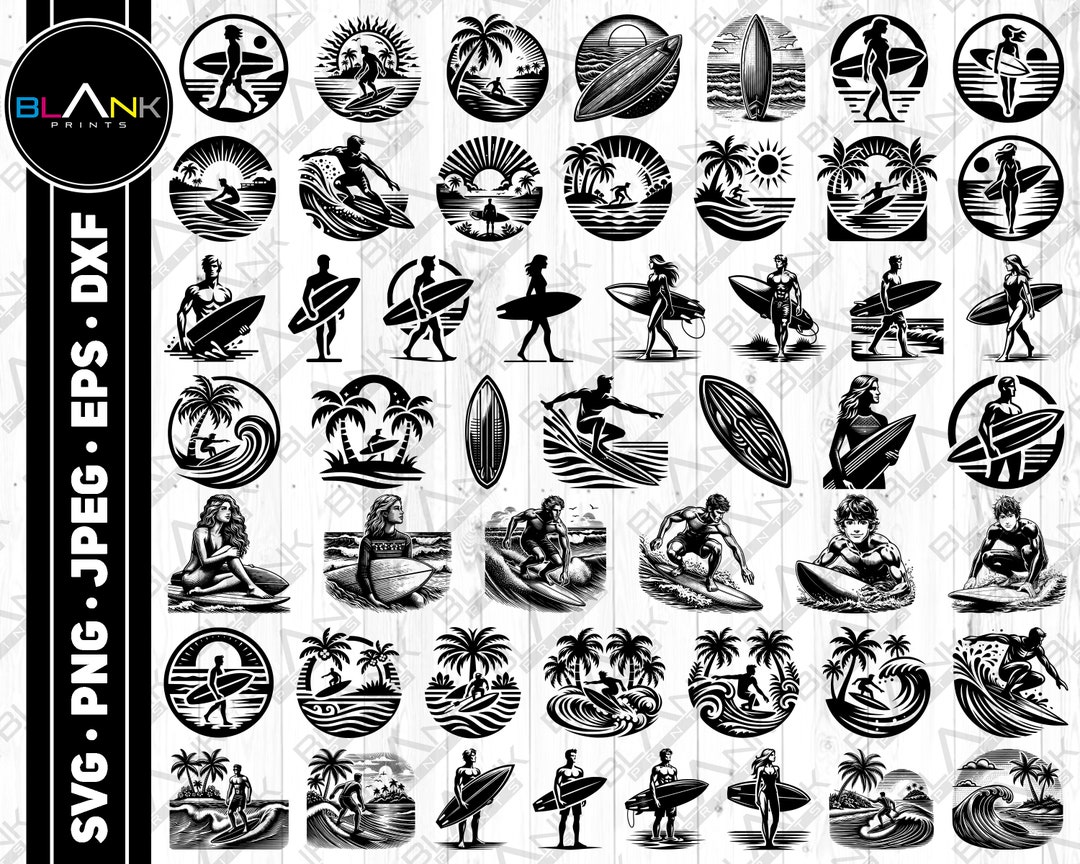 Surfing Bundle Svg Png Jpeg Eps Dxf Bundle Silhouette Cricut Commercial ...
