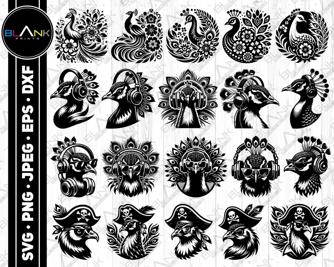 Peacock SVG Bundle: Pirate, Flowers, Headphones (digital Download) - Etsy