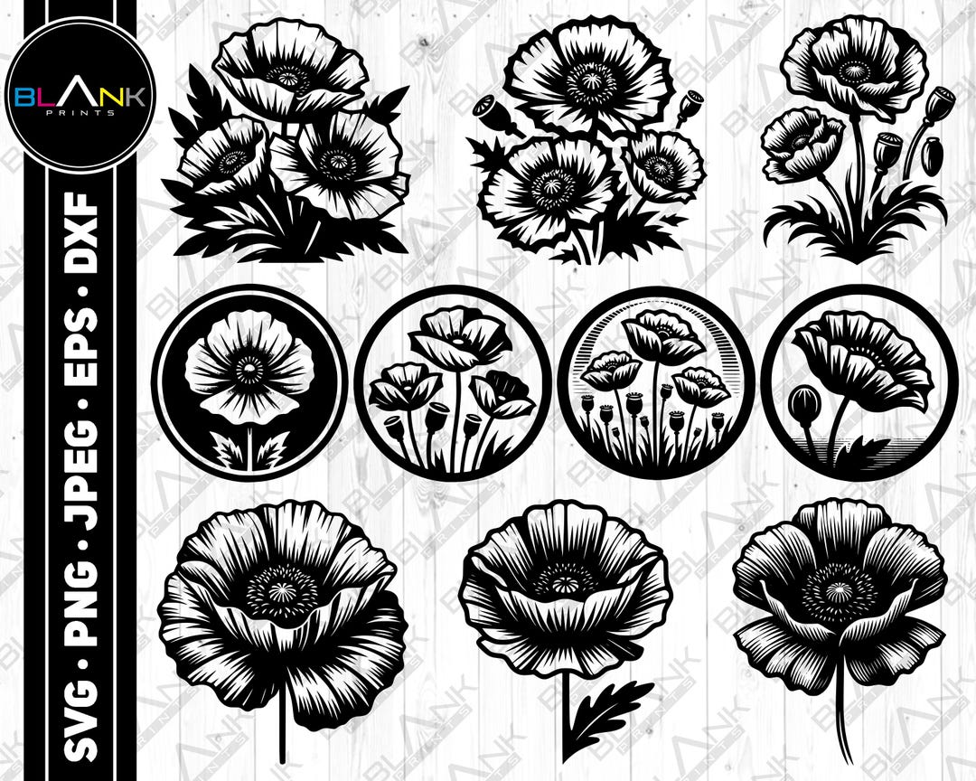 Poppy Flower Bundle Svg Png Jpeg Eps Dxf Engrave Silhouette Clipart ...