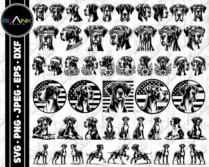 Great Dane Bundle Svg Cut Files Png Jpeg Eps Dxf Bundle Silhouette ...