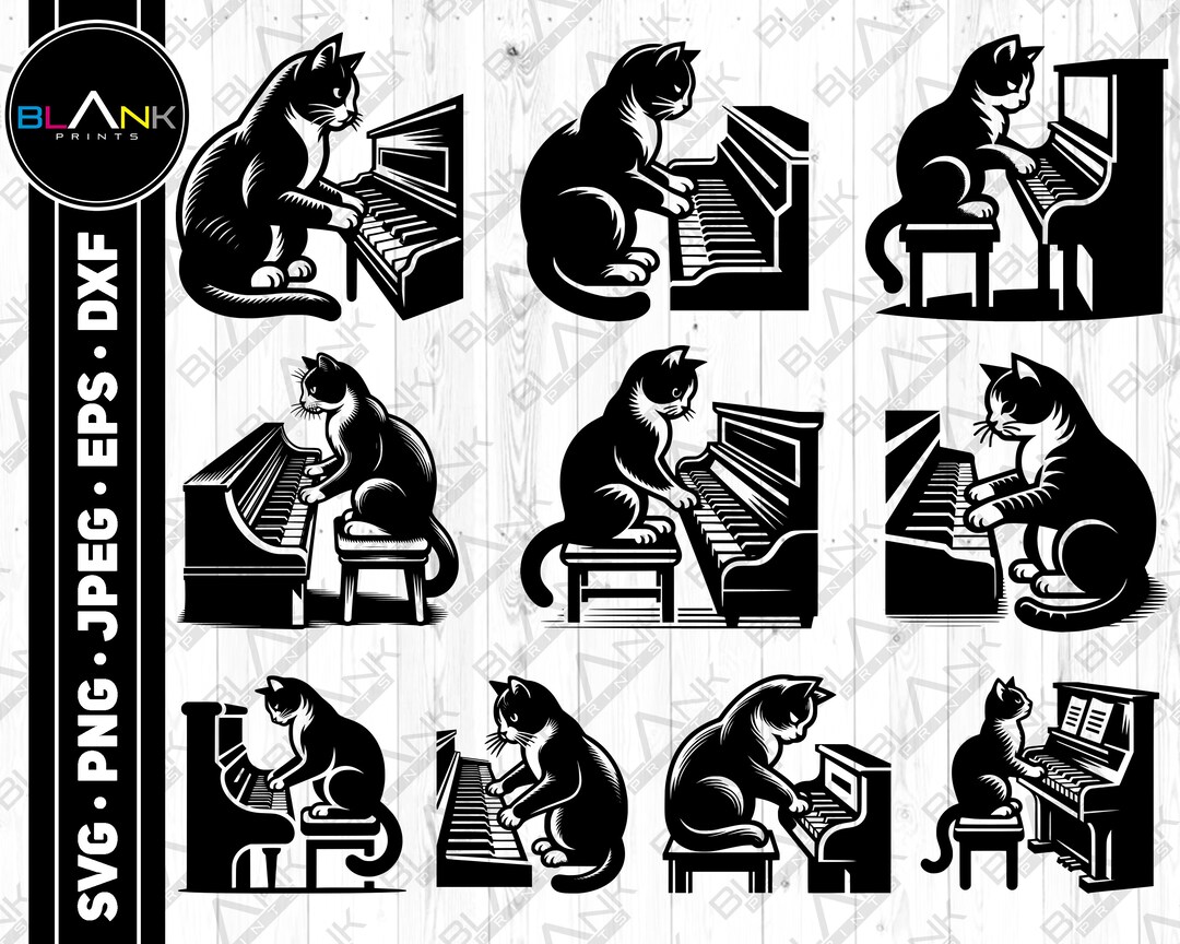 Cat Playing Piano Bundle Svg Png Jpeg Eps Dxf Bundle Silhouette Cricut ...