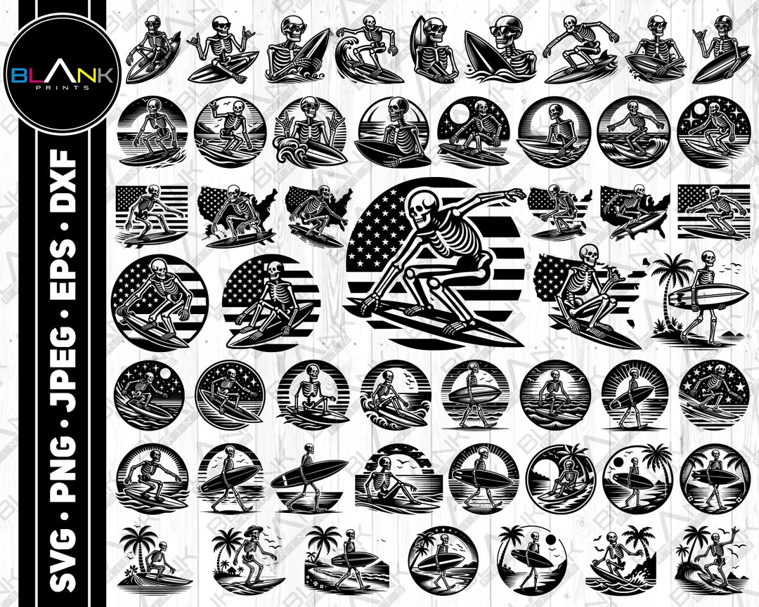 Surfing Skeleton Bundle Svg Png Jpeg Eps Dxf Bundle Silhouette Cricut ...