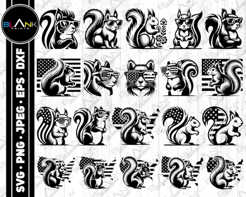 Squirrel Vector Art Bundle: USA Flag, Flower, Sunglasses (svg, Png, Jpg ...