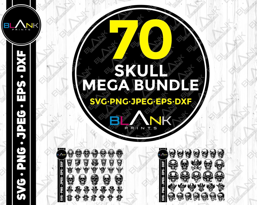 Skull Mega Bundle Svg Png Jpeg Eps Dxf Engrave Silhouette Clipart Cricut Laser Vector Commercial ...