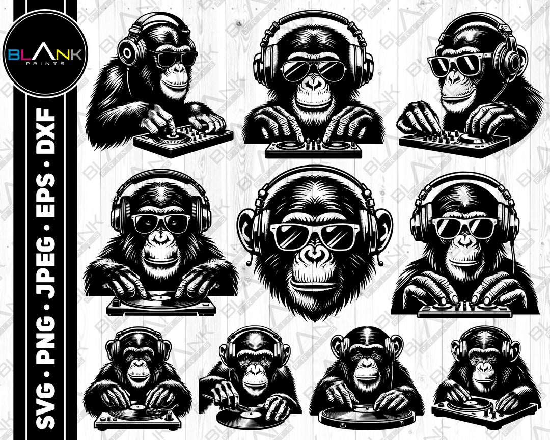 Chimpanzee Dj Bundle Svg Png Jpeg Eps Dxf Bundle Silhouette Cricut ...