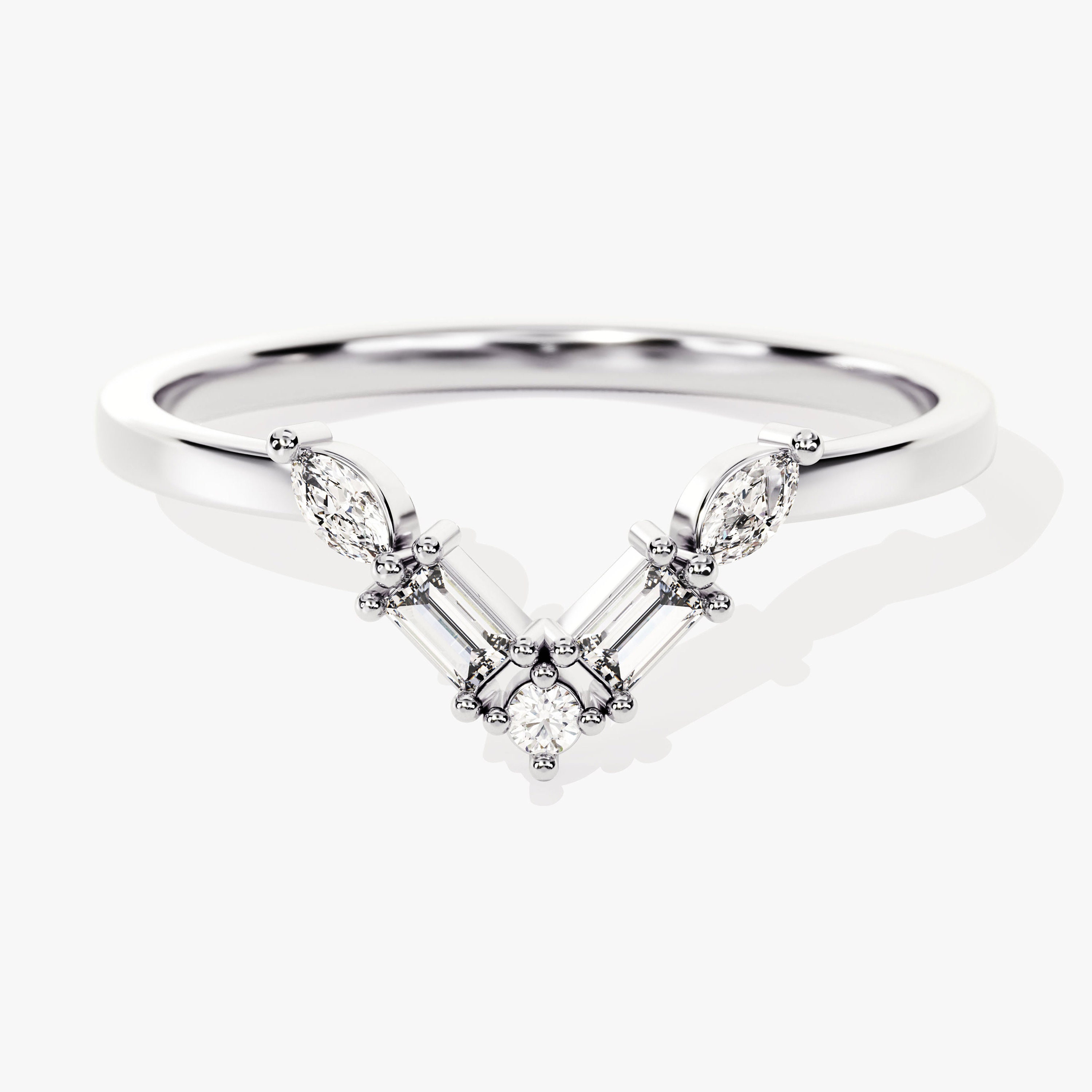 Solid Gold Multi-stone Curved Ring / 14k Gold V Shape Ring / Delicate ...