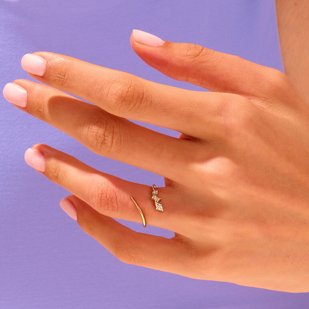 14k Gold Three Stone Open Ring / Simulated Diamond Open Cuff Ring ...