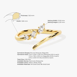 14k Gold Three Stone Open Ring / Simulated Diamond Open Cuff Ring ...