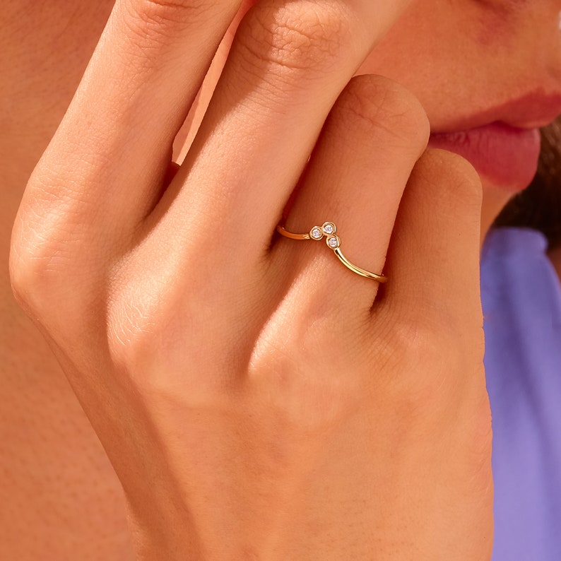14k Gold Trio Bezel Set Curve Ring / Solid Gold Chevron Stacking Ring for Women / Three Stone ...