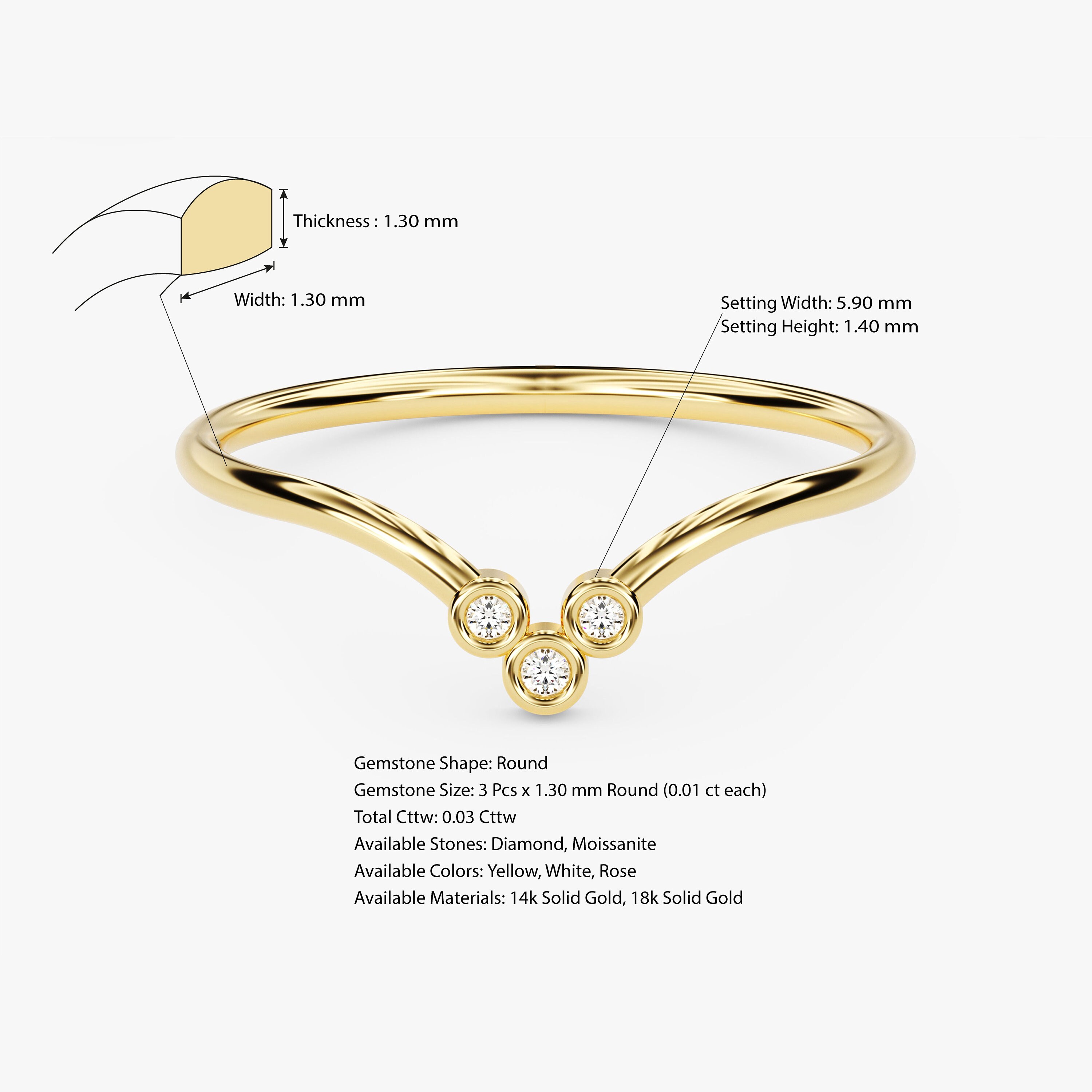 14k Gold Trio Bezel Set Curve Ring / Solid Gold Chevron Stacking Ring for Women / Three Stone ...