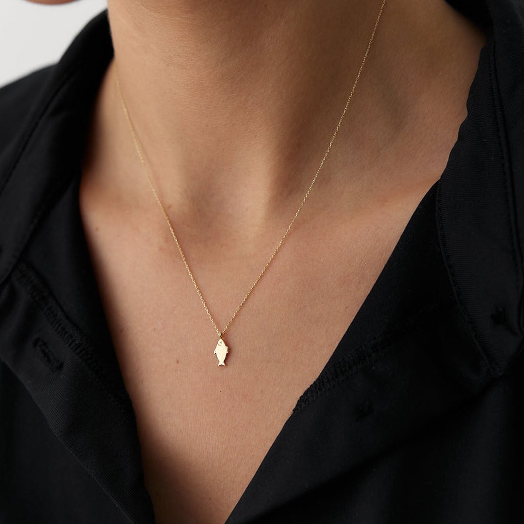 14K Gold Fish Chain Necklace, Solid Gold Fish Fine Jewelry, Tiny Fish ...