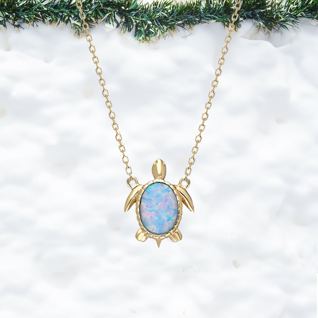 14K Solid Gold Colored Stone Turtle Necklace, Animal-themed Gold ...