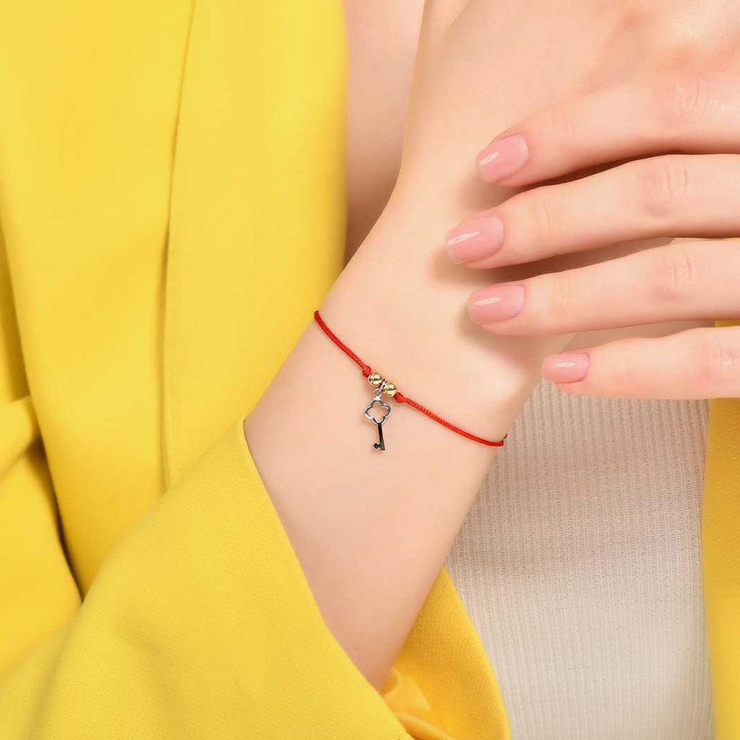 14K Solid Gold Adjustable Red Cord Key Bracelet, Dainty Key Jewelry ...