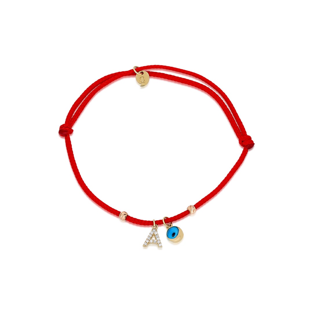 14K Gold Initial Evil Eye Bracelet With Red Cord, Custom Design ...