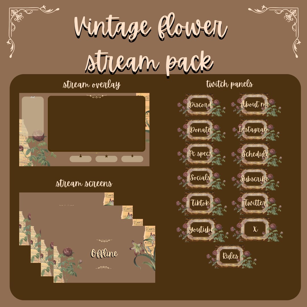 Vintage Flower Set Stream Overlay Stream Package Twitch Panels & More ...