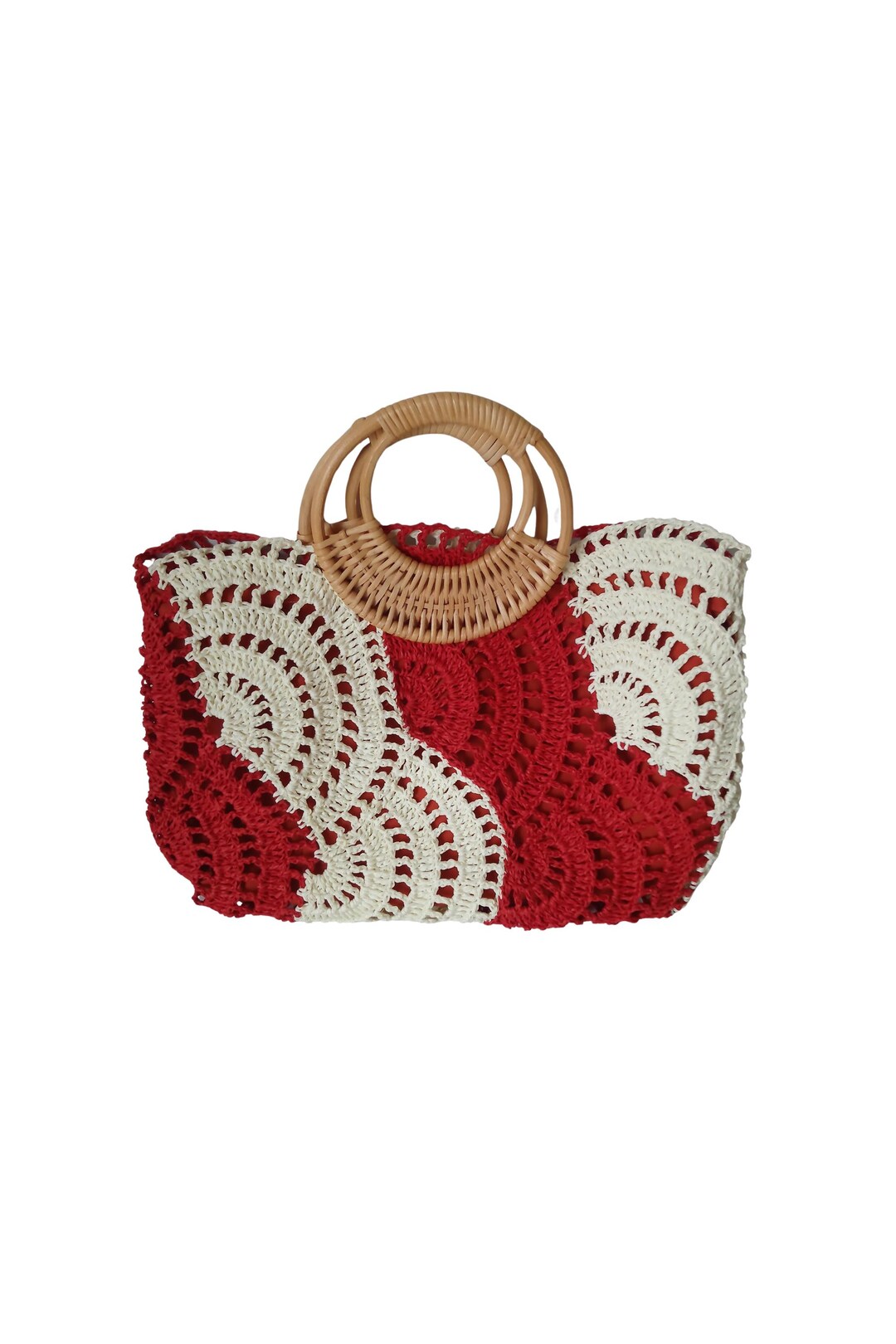 Crocheted Bambu Handle Bag in Red & White - Etsy