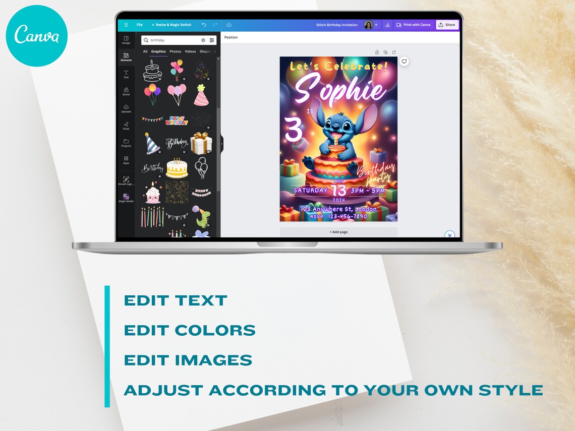 Editable Stitch Birthday Invitation, Stitch Party Invitation, Custom ...