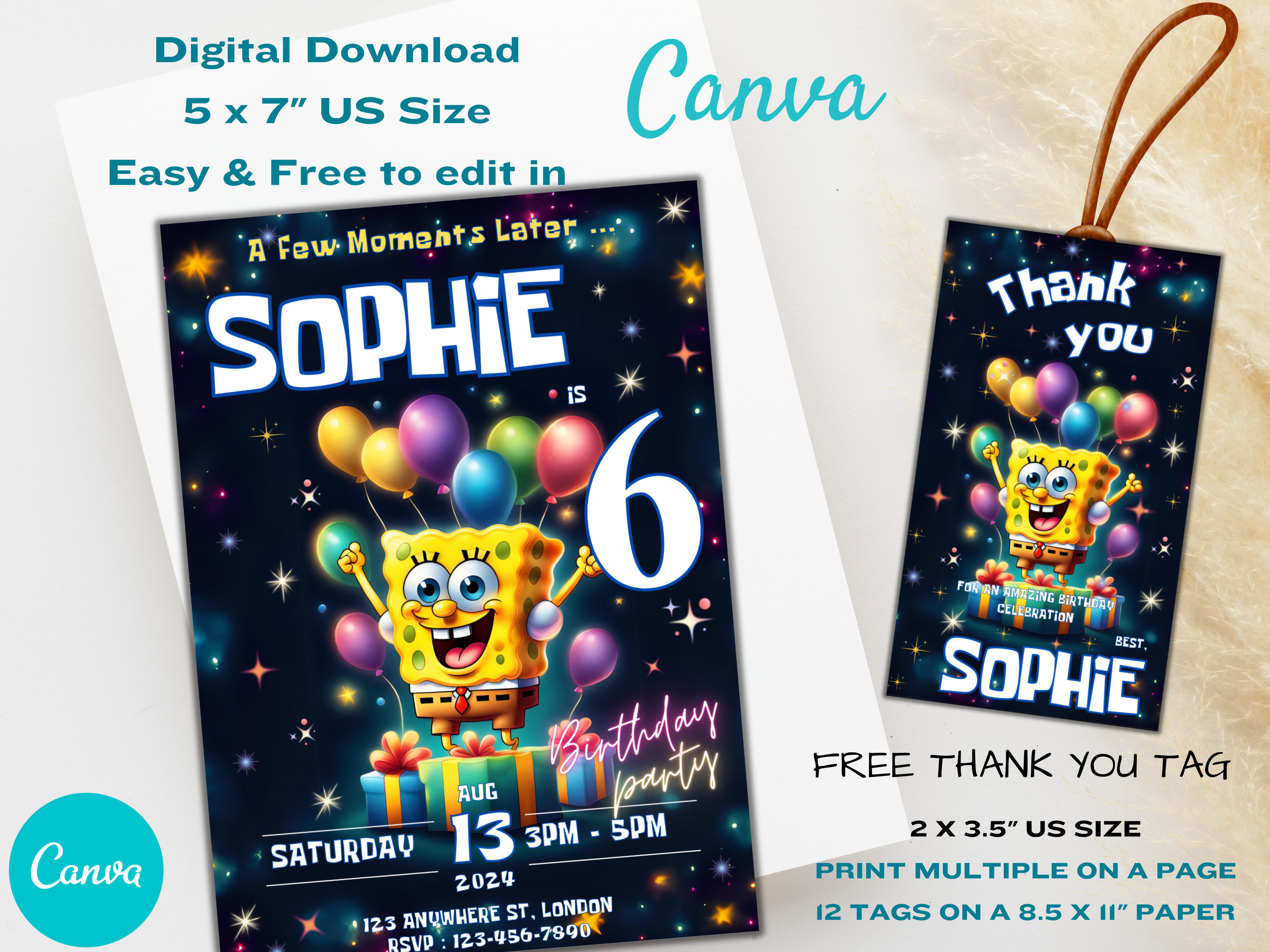 Editable Spongebob Birthday Invitation, Spongebob Party Invitation ...