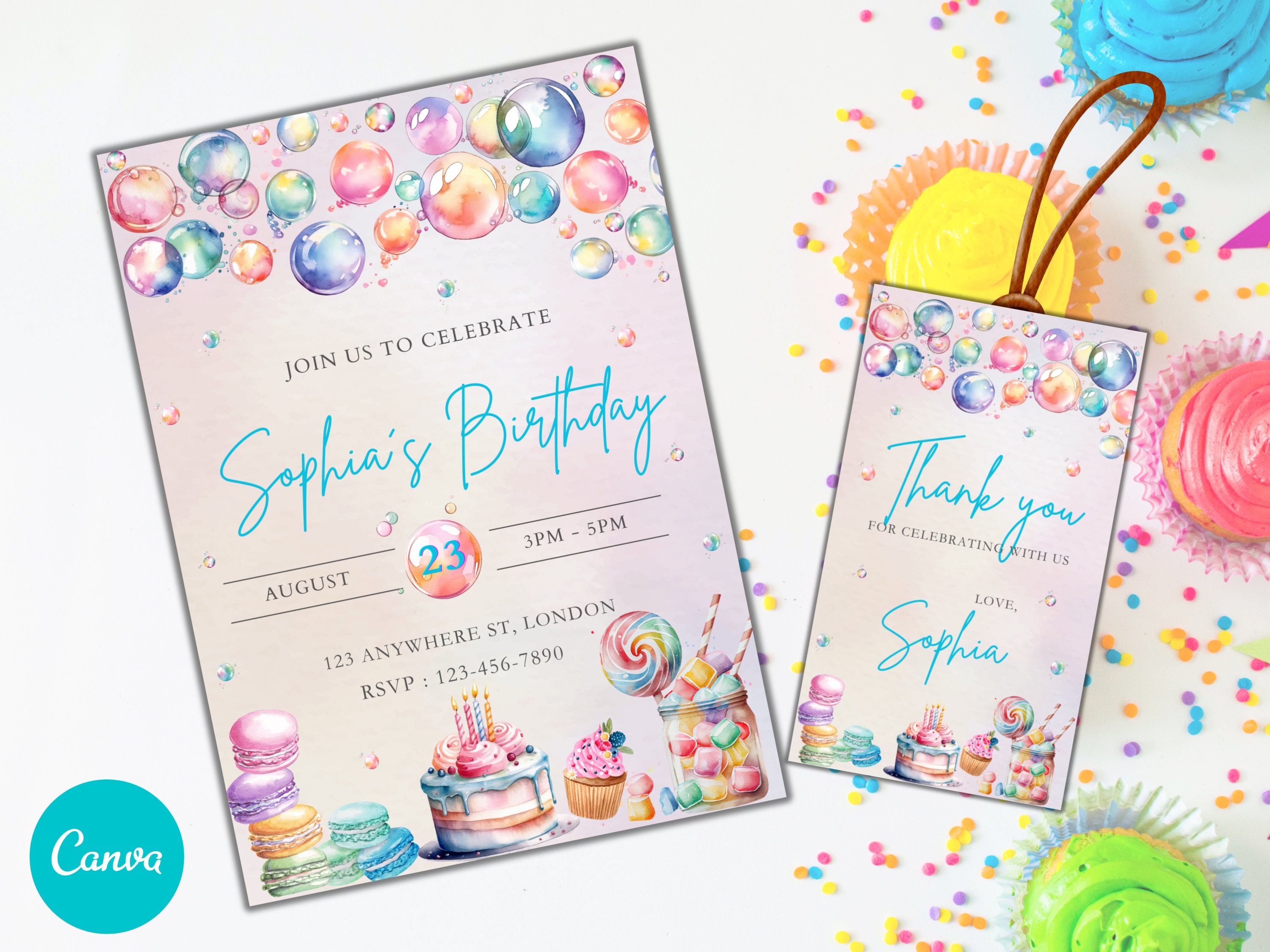 Editable Soapbubble & Candy Birthday Invitation, Soapbubble Candy Party ...