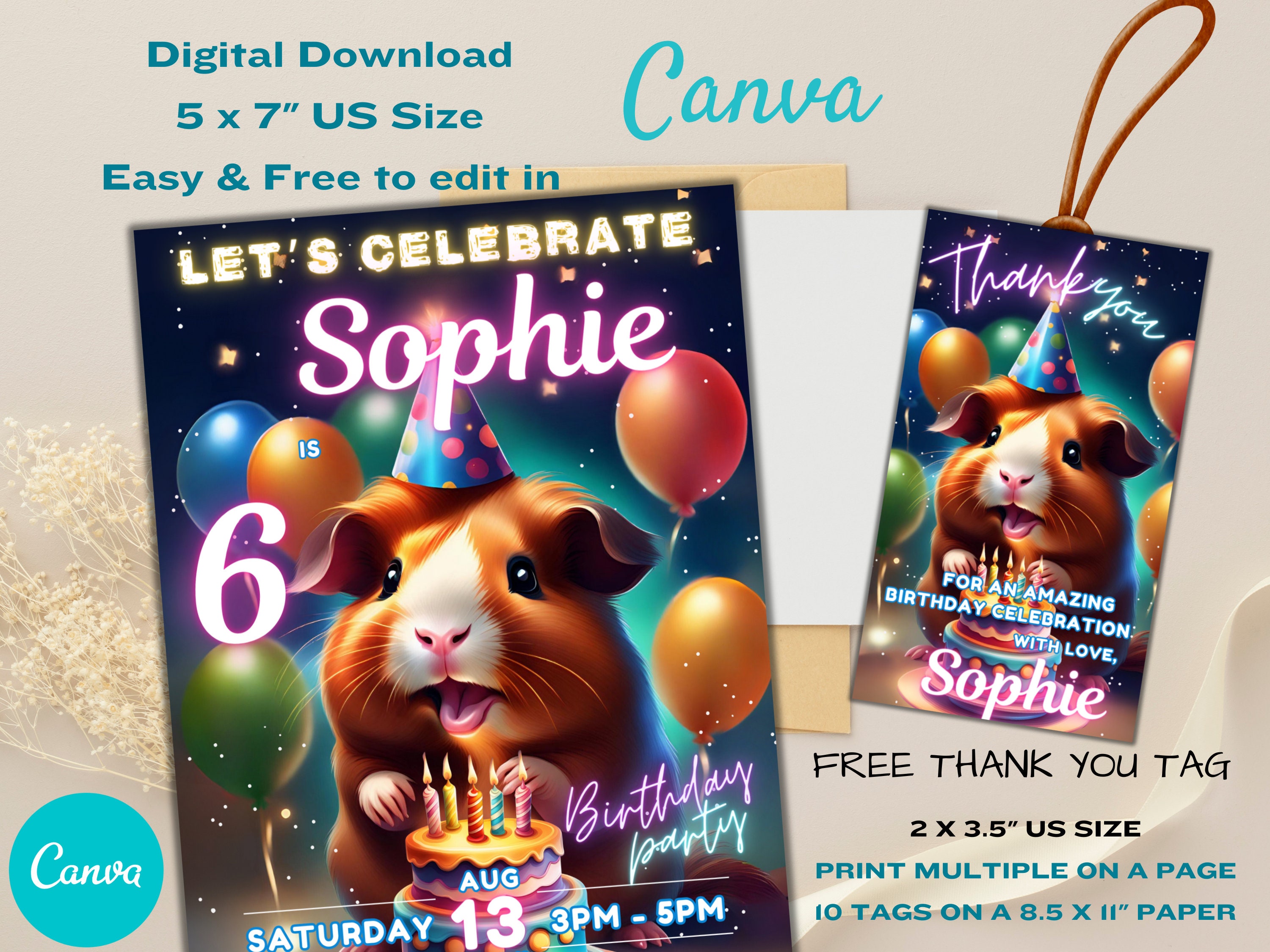 Editable Guinea Pig Birthday Invitation, Guinea Pig Party Invitation ...