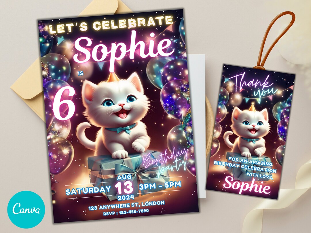 Editable Adorable Kitty Cat Birthday Invitation, Kitty Cat Party ...