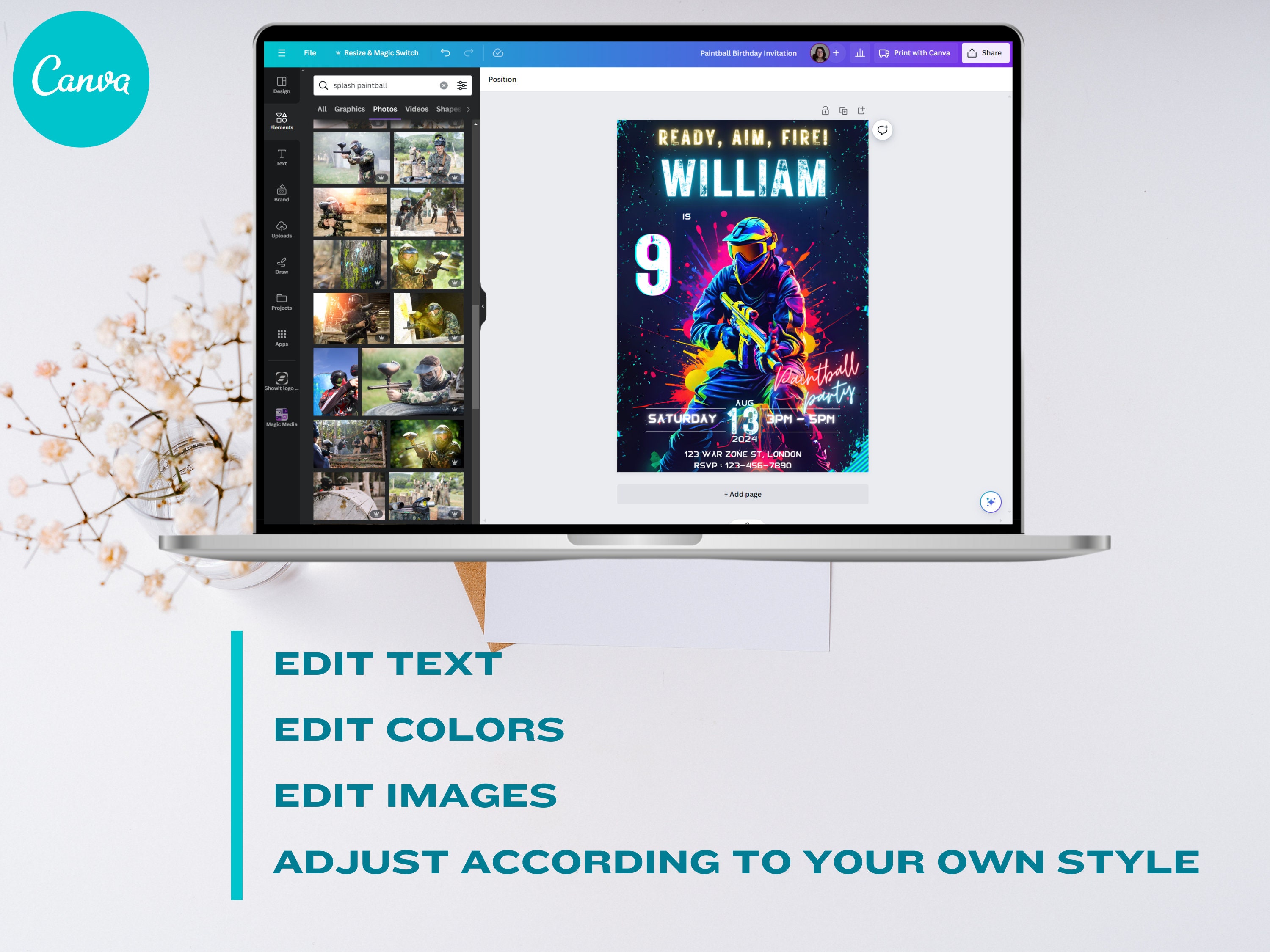 Editable Paintball Birthday Invitation, Paintball Party Invitation ...